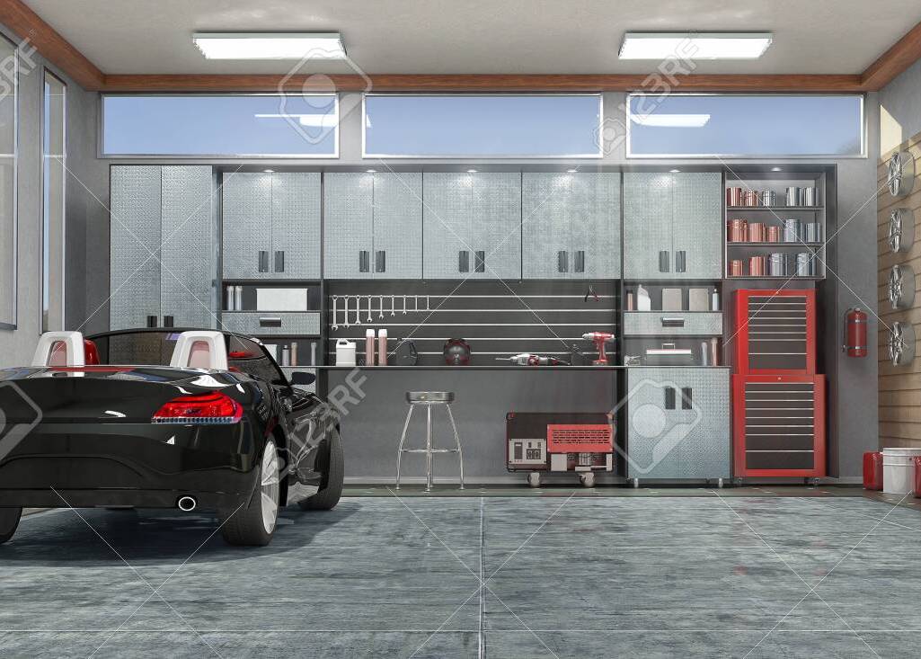 Modern garage interior. 3d illustration – Red Hawk Garage Suites