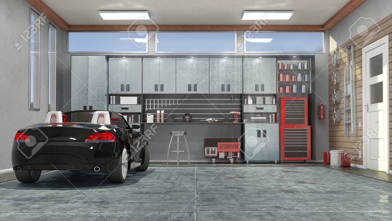 Modern garage interior. 3d illustration – Red Hawk Garage Suites